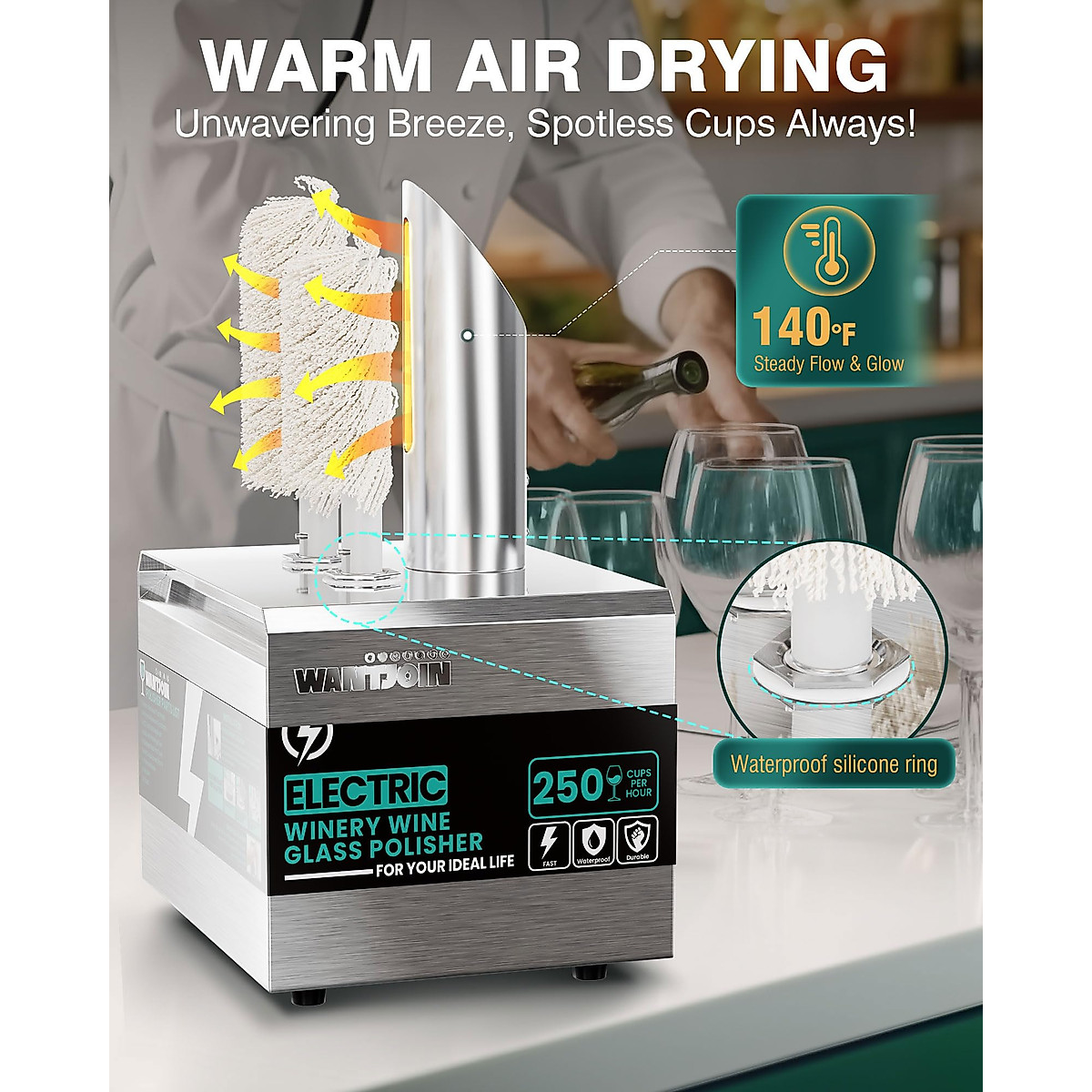 WantJoin Wine Glass Polisher Machine - 2 Brushes 250 Cups/Hour Commercial Electric Automatic Dryer with 304 Stainless Steel, 100% Cotton, 1150W High Power, 140°F Air Drying for Bar Restaurant Kitchen