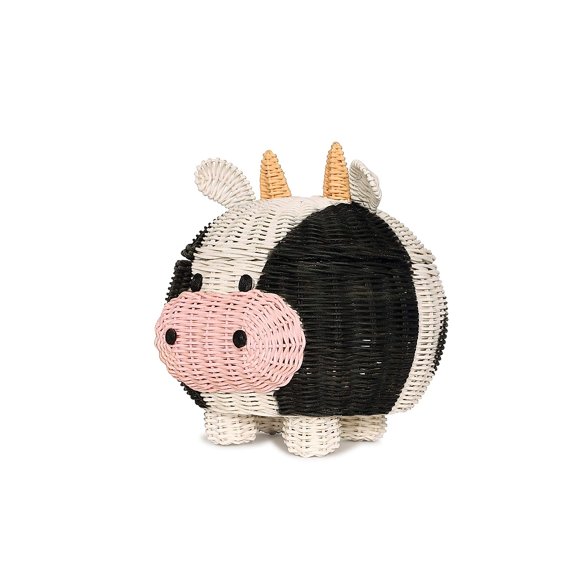 G6 COLLECTION Cow Rattan Storage Basket With Lid Decorative Bin Home Decor Hand Woven Shelf Organizer Cute Handmade Handcrafted Nursery Gift Animal Decoration Artwork Wicker Cow