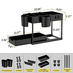 Under Sink Organizers 2 Pack, 2 Tier Sliding Under Bathroom Cabinet Storage Drawer Organizer with Hooks, Hanging Cup, Dividers for Bathroom, Kitchen Multi-Purpose, Under Sink Organizers and Storage