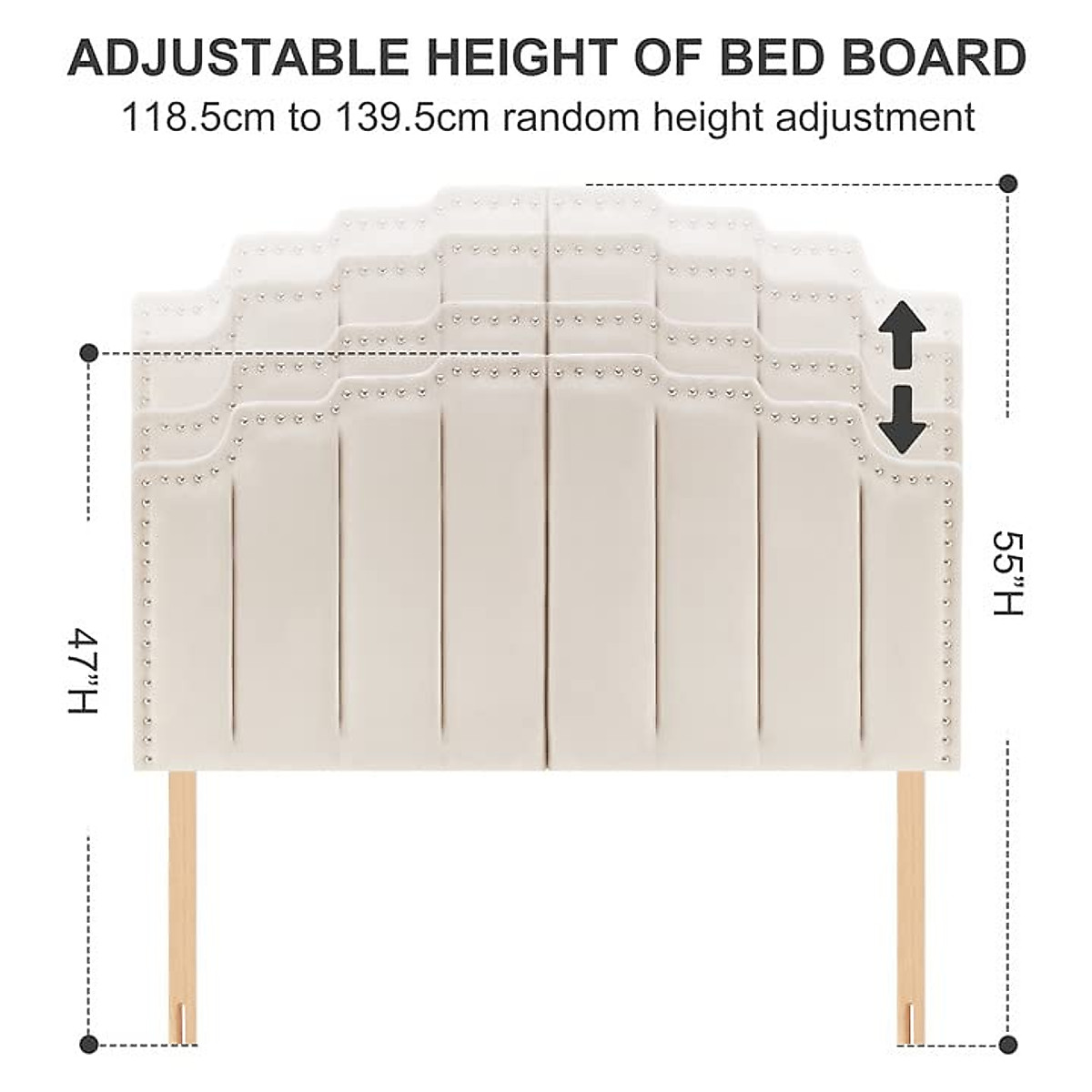 Kingfun Mid Century Headboard for Queen Size Bed,Velvet Upholstered Tufted Bed Headboard with Nailhead Decor,Adjustable Curved Solid Wood Head Board Vertical Channel Design (Medium Beige)