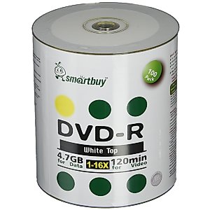 Smart Buy 100 Pack DVD-R 4.7gb 16x White Top (Non-Printable) Blank Data Video Movie Record Disc, 100 Disc 100pk