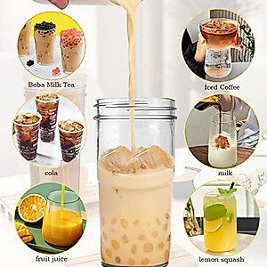 MARKKEER 2 Pack Glass Cups with Lids and Straws, 24 oz Reusable Boba Cup Iced Coffee Smoothie Tumbler Mason Jars for Bubble Tea, Beer, Juice