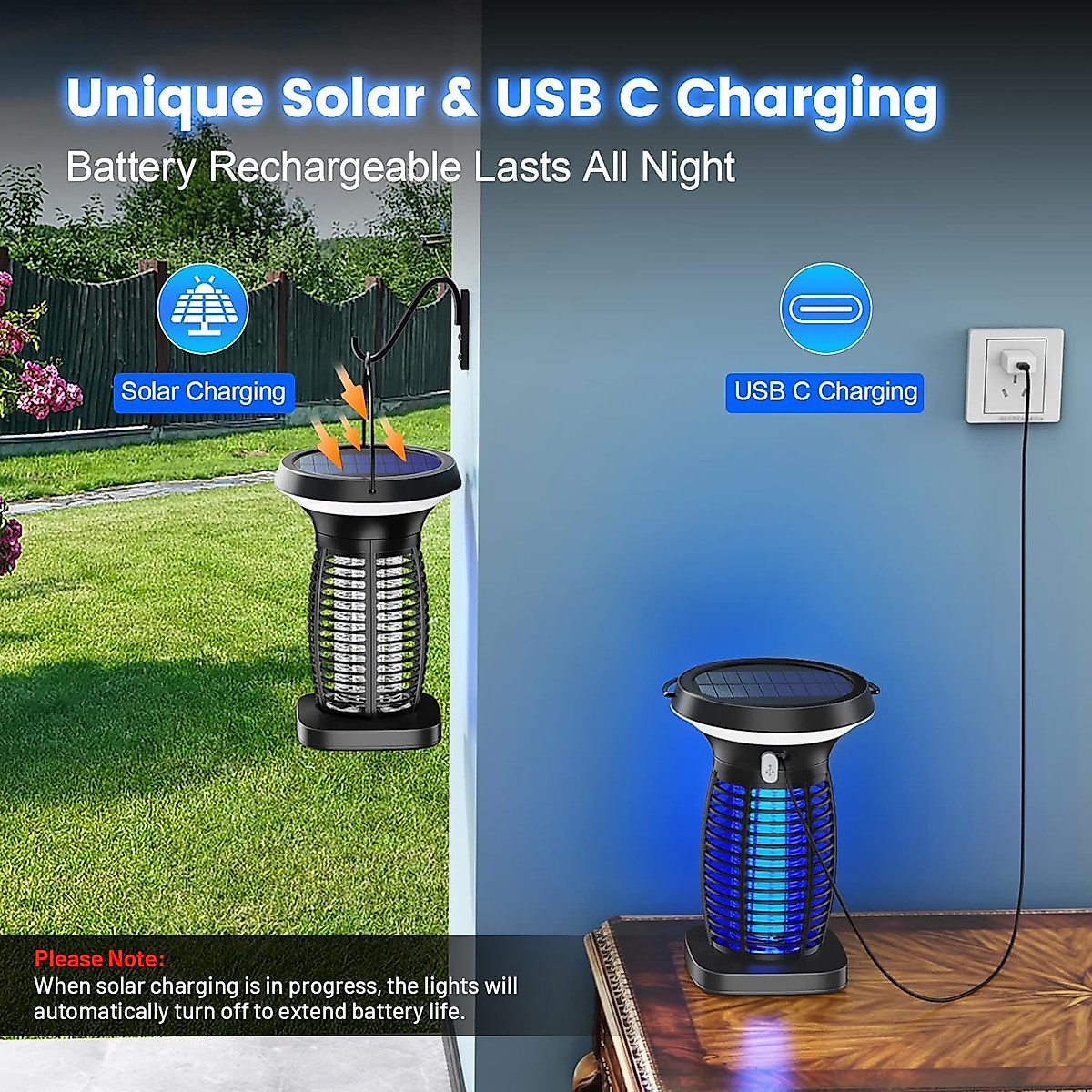 Zechuan Solar Bug Zapper Outdoor Waterproof, High Powered Pest Control Electric Mosquito Zapper Killer Indoor, Rechargeable Insect Trap Fly Zapper for Home, Patio, Backyard, Camping