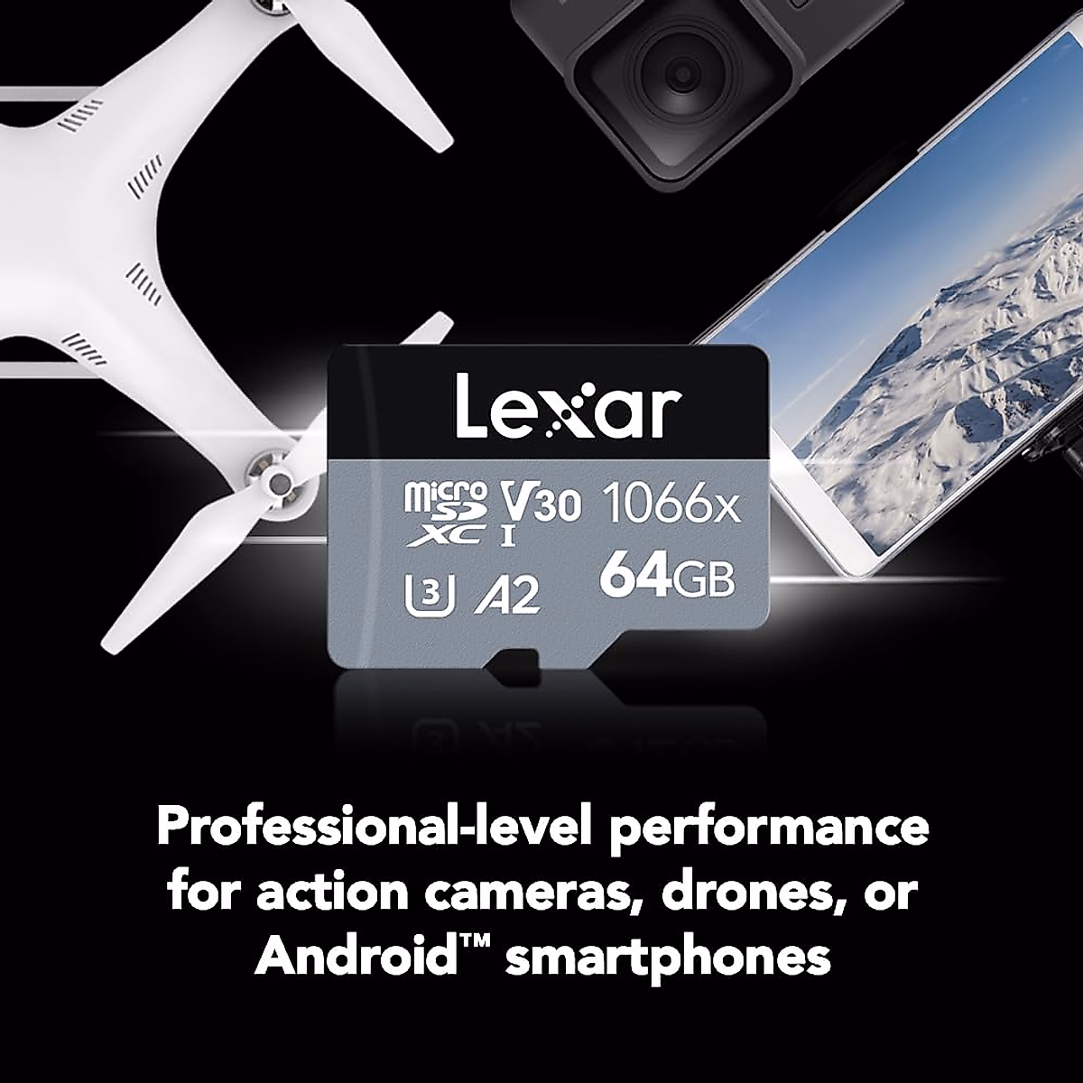 Lexar 64GB Professional 1066x micro SD Card w/ SD Adapter, UHS-I, U3, V30, A2, Full HD, 4K, Up To 160/70 MB/s, for Action Cameras, Drones, Smartphones, Tablets, Nintendo-Switch (LMS1066064G-BNANU)
