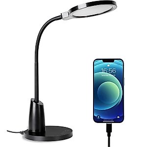 LED Desk Lamp with USB Charging Port, Small Desk Lamp for Home Office 10 Levels Brightness, Study Lamp for Kids Students, Flexible Goose Eye-Caring Black Table Lamp, 45 Minutes Auto-Off Timer.