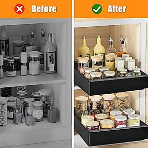 2 Pcs Pull Out Cabinet Organizer, Expandable(12.4"-20.5") Pull Out Drawers for Cabinets Slide Out Drawers for Kitchen Cabinets with Adhesive Nano Film Mounting Adjustable for Kitchen, Pantry (Black)