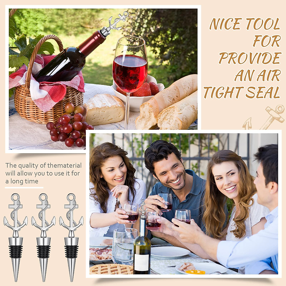 20 Pcs Anchor Wine Bottle Stopper Beach Themed Wine Stoppers Nautical Wine Gifts Nautical Wedding Favor Anchor Vacuum Red Wine Preservation Stopper for Party Shower Holiday Birthday, Silver