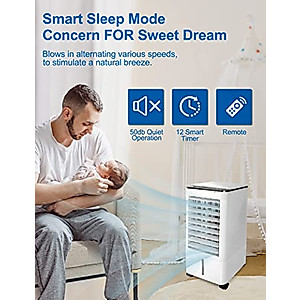 Evaporative Air Cooler,3-IN-1Portable Air Conditioners and Windowless Room Cooler Humidification-Ice Packs-12 Hour Timer-Remote Control,Ideal for Home, Office, Bedroom, Kitchen,School,Garage (‎‎Pearl White)