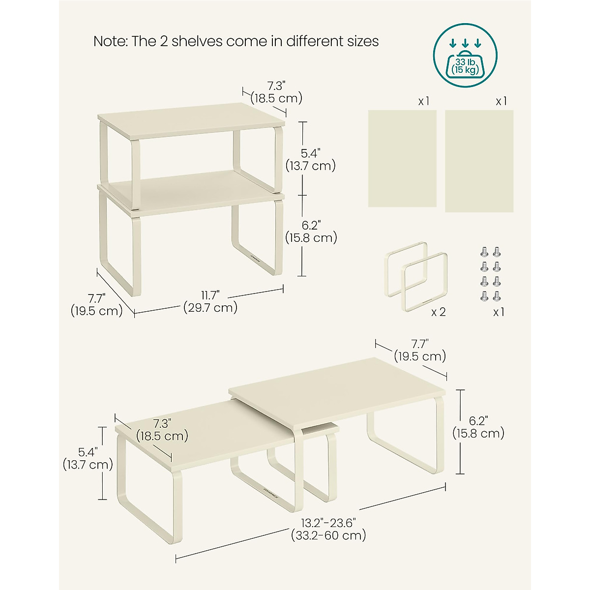 SONGMICS Cabinet Organizer Shelf, Set of 2 Kitchen Counter Shelves, Kitchen Storage, Spice Rack, Stackable, Expandable, Metal and Engineered Wood, Cream White UKCS002W02
