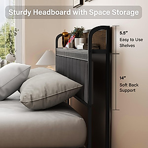 CXVX King Size Bed Frame with Storage Headboard, Metal Platform Bed Frame with 4 Storage Drawers and Charging Station & LED, Metal Support, Noise-Free, No Box Spring Needed, Easy to Assemble