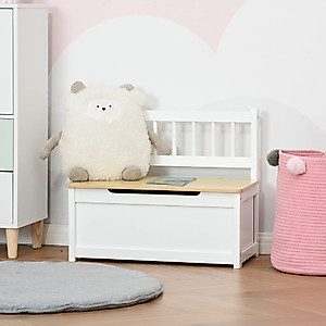 Qaba Toddler Toy Box Storage Bench with Large 27 L Interior, Kids Storage Bench Seat with Storage for Toddler Playroom Furniture, Kids Bedroom Furniture, Toy Organizer and Storage Bin White