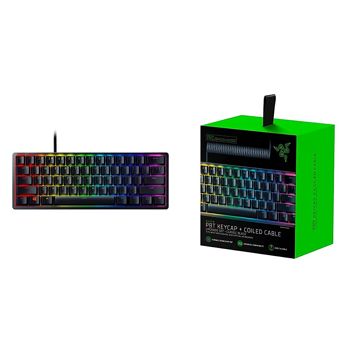 Razer Huntsman Mini 60% Gaming Keyboard + PBT Keycap + Coiled Cable Upgrade Set Bundle: Classic Black/Liner Optical - Classic Black