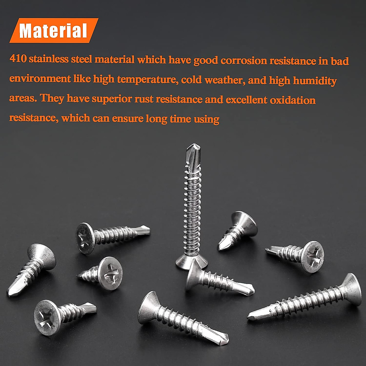 HELIFOUNER #10 x1/2", 5/8", 3/4", 1", 1-1/4", 1-1/2" Self Drilling Screws Sheet Metal Screws Assortment Kit, 410 Stainless Steel (#10 Countersunk Head)