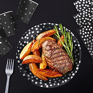 LTplazhi 140PCS Black and Silver Party Supplies - Dinner Plate, Dessert Plate, Napkin, Cup, Forks, Knives, Spoons - Biodegradable