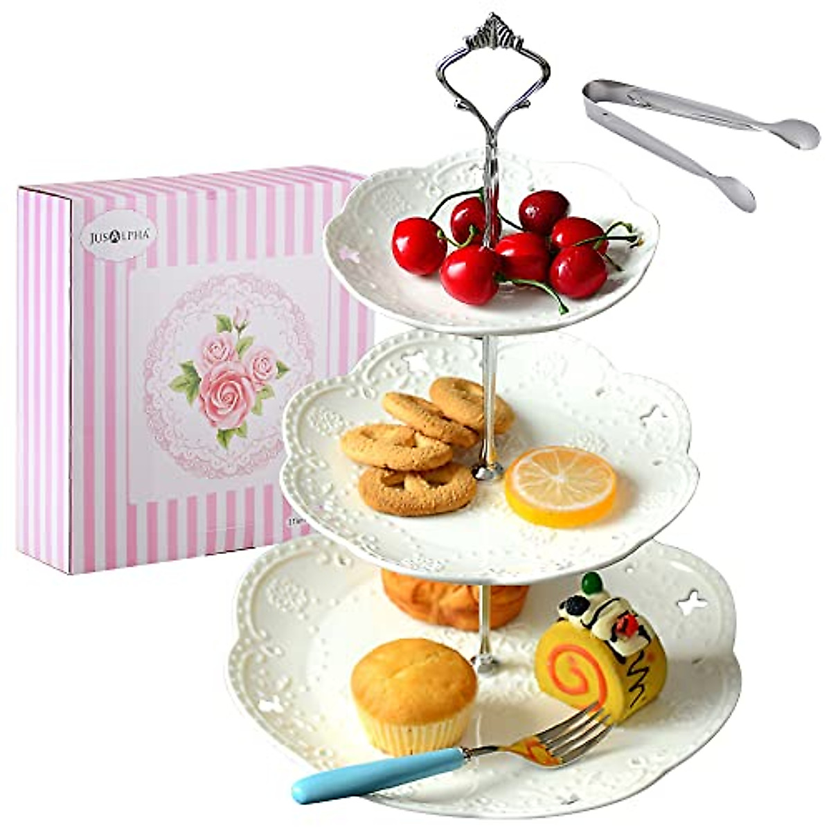 Cupcake Stand- Jusalpha 3-Tier White Porcelain Cake Stand Dessert Stand-Cupcake Stand-Tea Party Serving Platter, Comes in a Gift Box- Free Sugar Tong
