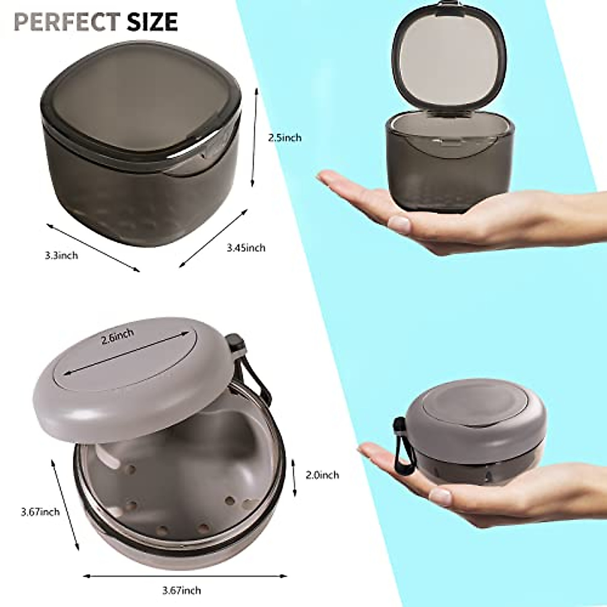 Denture Case Kit - 2 Pack - Definitely No-Leak Denture Bath Case for Home and Travel Kits Denture Cup with Strainer & Magnetic Mirror,Completely Clean Care for Retainer, Mouth Guard, & Denture (Grey)