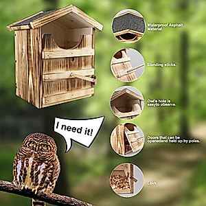 Owl House Hand Made with Bird Stand Design, Owl Nesting Box for Outside Large Handmade Wooden Rectangular Opening Owl Box Bird House with Mounting Screws and A Bag of Wood Shavings, Easy Assembly