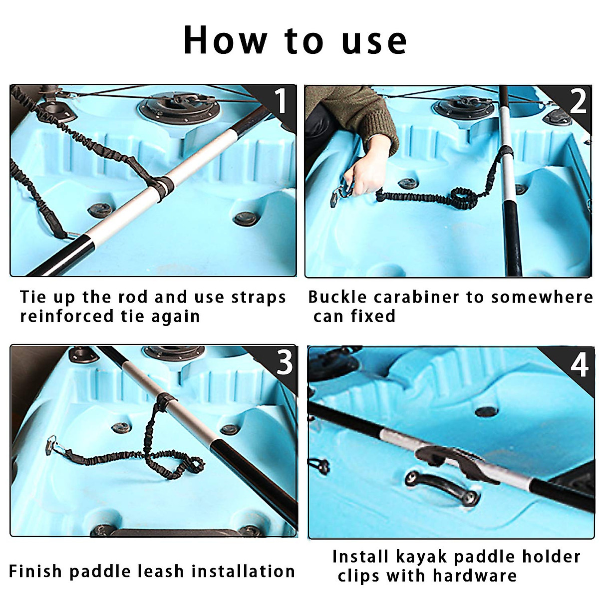 1 Pcs Paddle Satefy Leash Kayak and 1 Pcs Paddle Holder Clips, Safety Canoeing Fishing Rod Holder and Deck Mounted Universal Kayak Paddle Clip, Fishing Net Clips with Anti-Slip Design