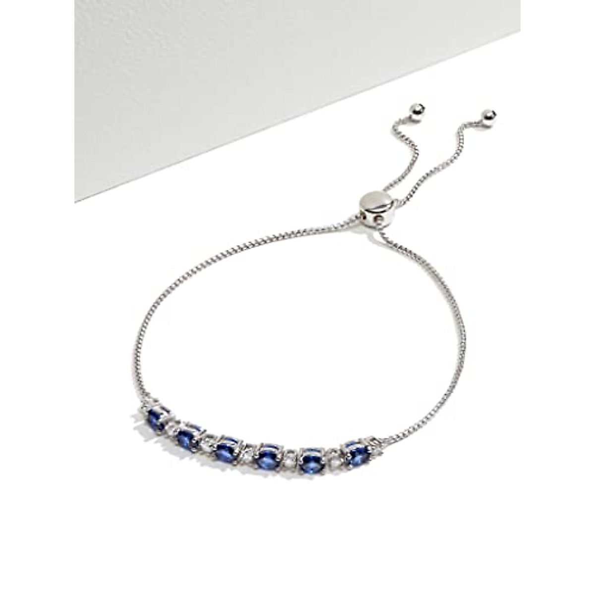 Amazon Essentials 0.175 cttw Lab Grown Diamond and Created Blue Sapphire 925 Sterling Silver Bar Bolo Adjustable Bracelet (H-I Color, I1 Calarity) (previously Amazon Collection)