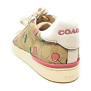 COACH Women's Clip Low Top Sneakers (Signature Canvas - Heart Cherry Print - Khaki/Pink, us_Footwear_Size_System, Adult, Women, Numeric, Medium, Numeric_9)