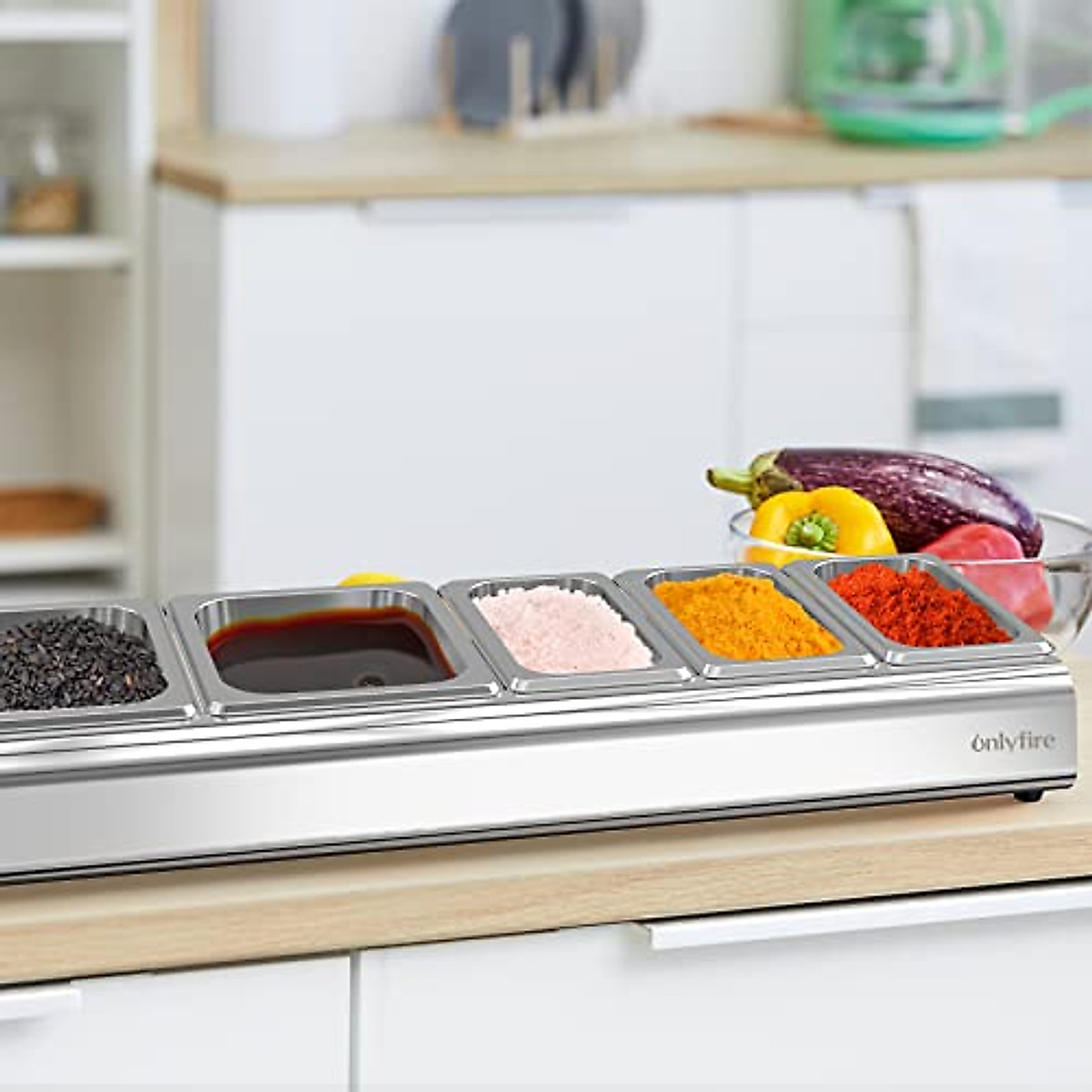 Onlyfire Pizza Topping Station Stainless Steel Seasoning Containers with Lid, 5 Compartment Trays for Prepping Ingredients and Toppings