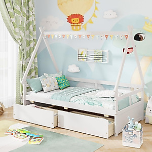 Giantex Twin Bed with 2 Storage Drawers, Wood Montessori House Tent Bed Frame with Safety Guardrail, Low Teepee Bed with Wood Slat Support for Boys Girls Teens, No Box Spring Needed, Kids Bed (White)