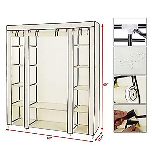 SoSo-BanTian1989 Metal Frame Portable Closets Fabric Wardrobe, Clothing Cabinet Storage Organizer with Dustproof Cover (Beige)