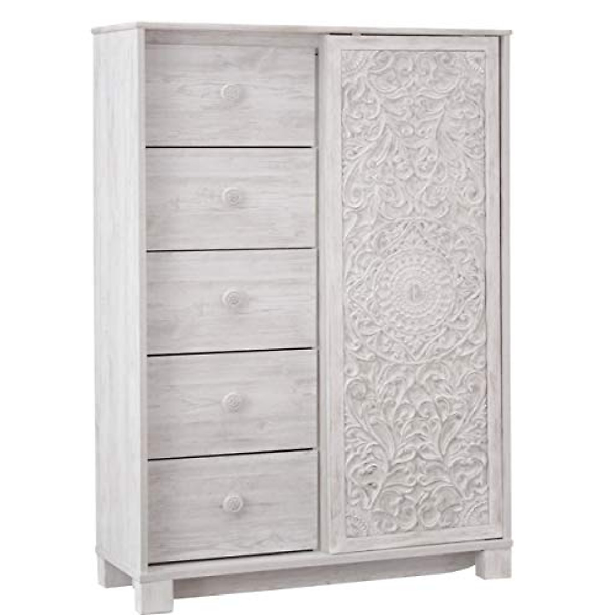 Signature Design by Ashley Paxberry Boho 5 Drawer Dressing Chest with Slider Door & 3 Adjustable Shelves, Whitewash