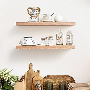 Oak Floating Shelves, 8 Inch Deep Floating Shelf Wall Mounted, 24 Inch Long Wooden Wall Shelf Set of 2, Farmhouse Rustic Hanging Shelving for Kitchen, Bedroom, Living Room, Natural Oak Color