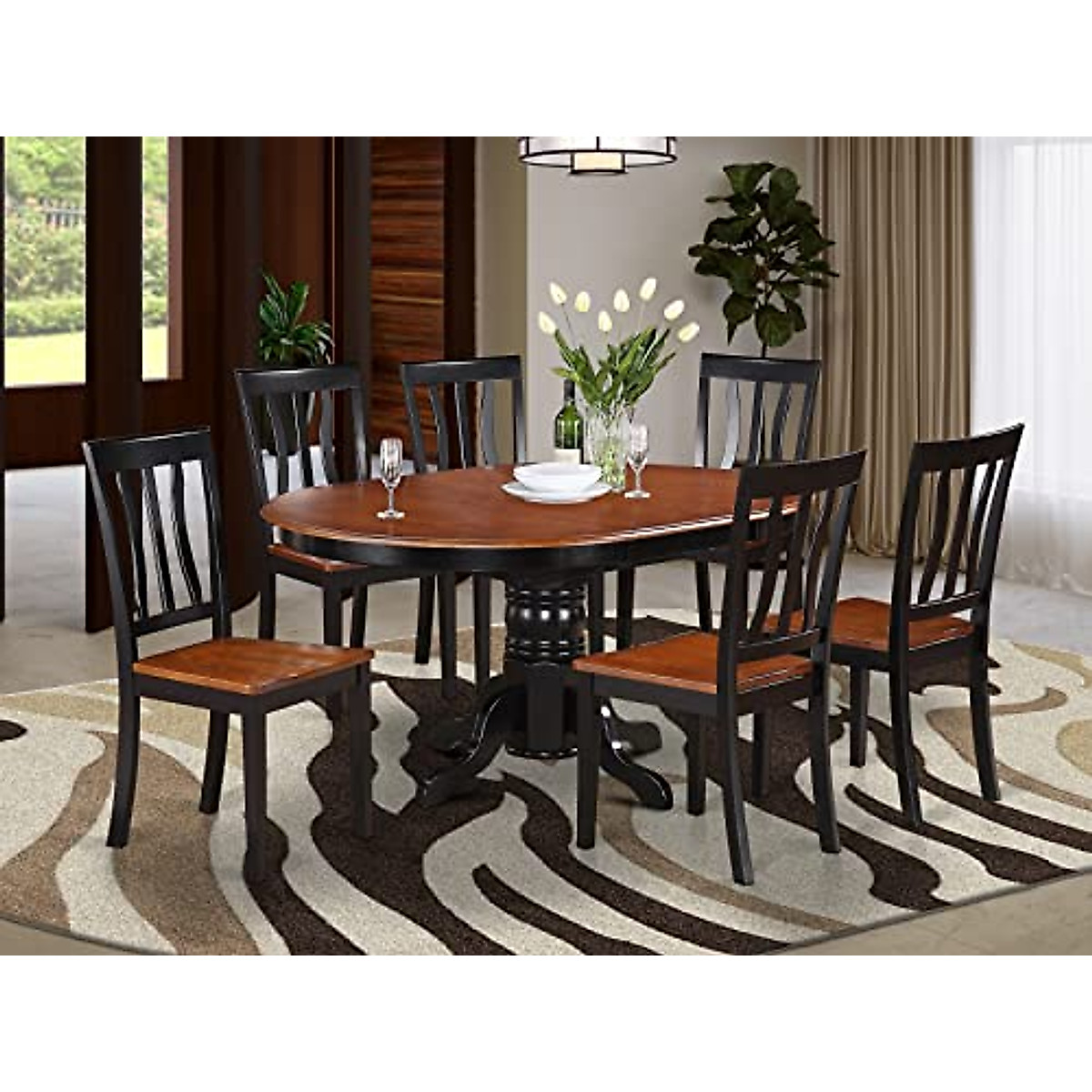East-West Furniture AVAT7-BLK-W 7-Piece Dining Table Set - 6 Kitchen Chairs with Wooden Seat - A Beautiful Butterfly leaf Kitchen Table (Black & Cherry Finish)