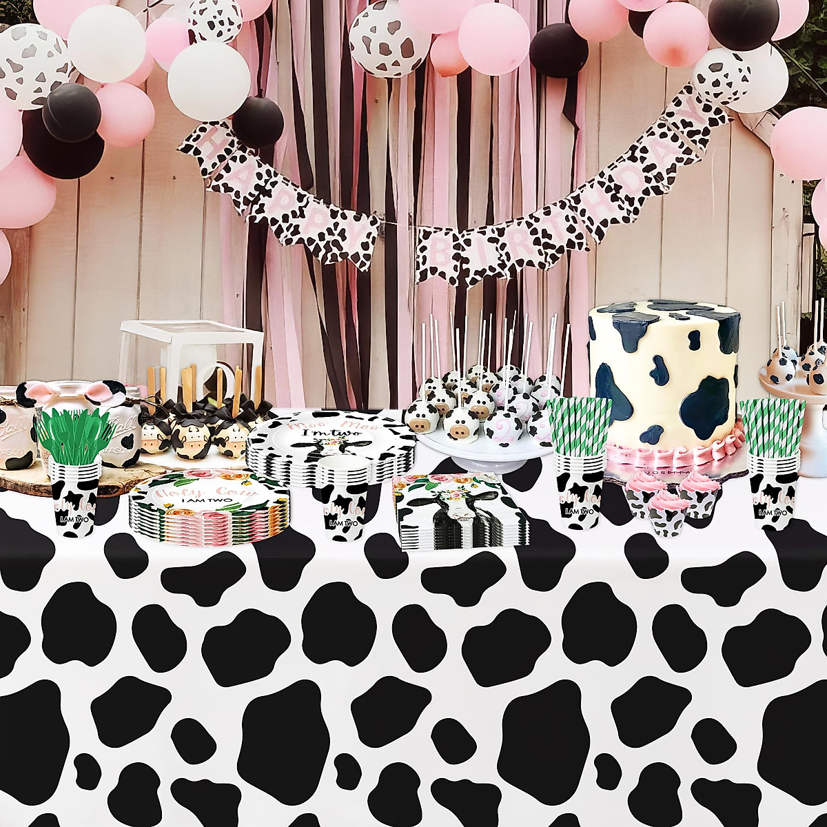 APOWBLS Moo Moo Im Two Birthday Decorations Tableware Girl - Cow 2nd Birthday Party Supplies, Plate, Napkin, Tablecloth, Fork, Holy Cow Two Year Old Birthday Party Decorations Dinnerware | Serve 24