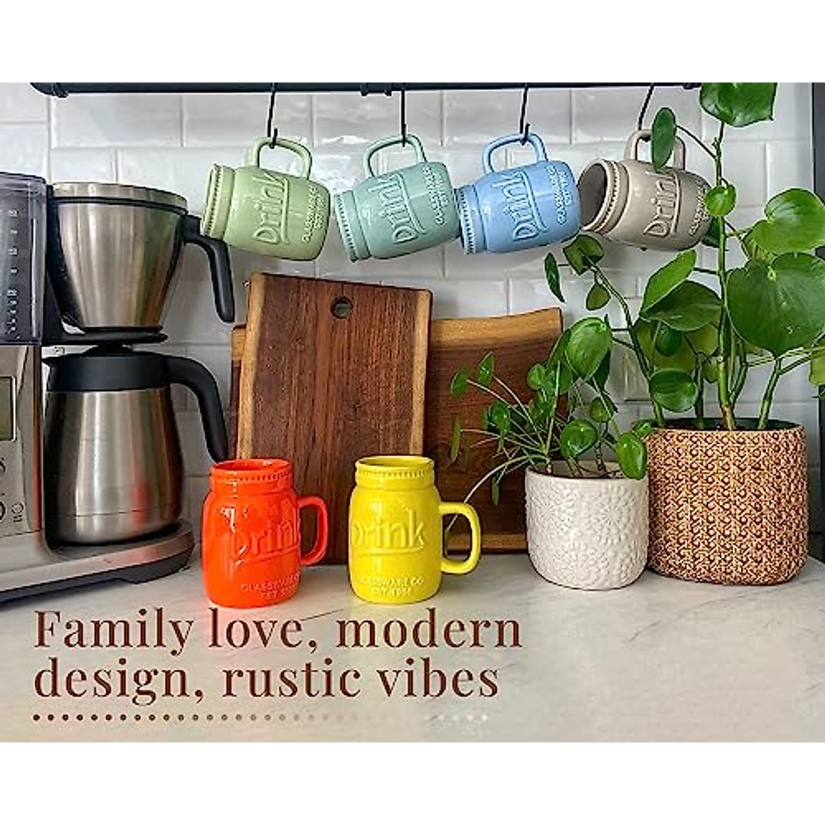 Mason Jar Mugs - Set of 6-15oz - Ceramic, Vibrant Colors - Great for Coffee, Tea, Cold/Hot Drinks, Indoor/Outdoor Parties - Farmhouse Décor