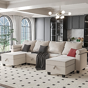 Tbfit Modular Sectional Sofa with Storage Ottoman, Convertible Oversized U Shaped Couch with Reversible Chaises, Sleeper Sofa with Adjustable Arm for Living Room, Beige
