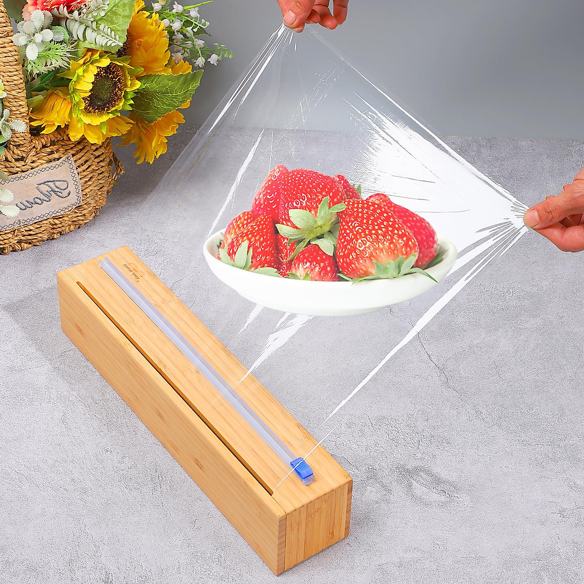 BoxThink Bamboo Wood Plastic Wrap Dispenser with Slide Cutter Also for 12 inch Aluminum foil, Parchment Paper, Cling Wrap Dispenser Sturdy and Reusable (12inch With Slide Cutte)