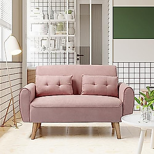 Vongrasig 47" Small Modern Loveseat Sofa, Mid Century Linen Fabric 2-Seat Sofa Couch Tufted Love Seat with Back Cushions and Tapered Wood Legs for Living Room, Bedroom and Small Space (Pink)