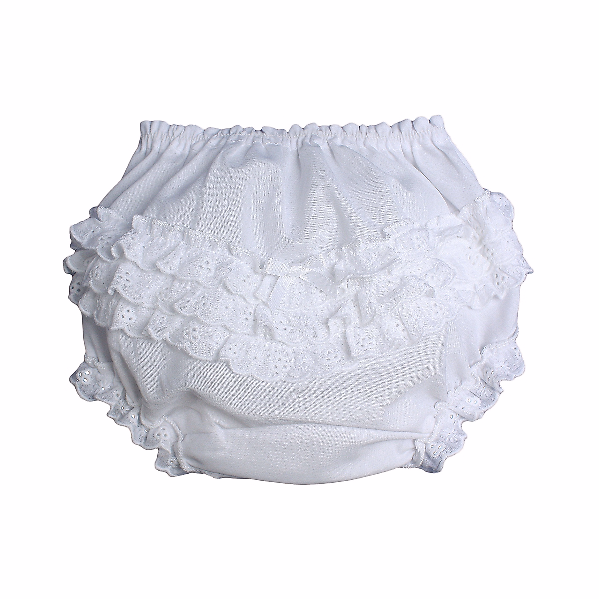 Little Things Mean A Lot Baby Girls White Elastic Bloomer Diaper Cover with Embroidered Eyelet Edging - NB