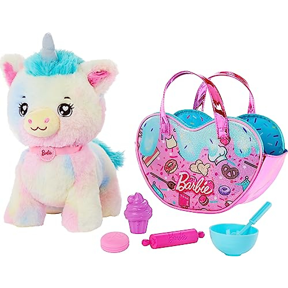 Barbie Stuffed Animals, Unicorn Toys, Plush Unicorn with Dessert-Themed Purse Playset and 5 Accessories, Chef Pet Adventure