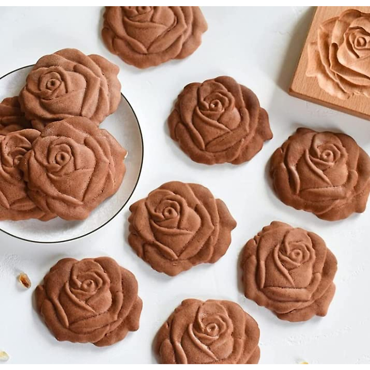 Wooden Cookie Cutter Embossing Mold, 3D Carved Wooden Cookie Mold, Biscuit Press Stamp Molds for Baking Moulds Christmas Thanksgiving Halloween Easter Kitchen DIY (Red roses)