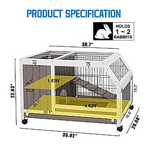 Petscosset Rabbit Hutch Indoor - Rabbit Cage Indoor Rabbit Hutch Two Story Bunny Cage Wooden Rabbit Cage on Wheels, Ramp, Two Deep No Leak Pull Out Tray (RAB Hutch 08 Grey)