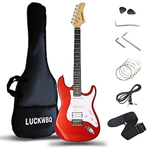 LUCKWBQ 39in Full Size Electric Guitar Beginners Kit,Electric Guitar Starter Kit，Red w/Aceesccories, Bag, Picks, Strap, 6 Strings, Tremolo Arm - Guitarra Electrica for Starters, Adults, Kids, Travel