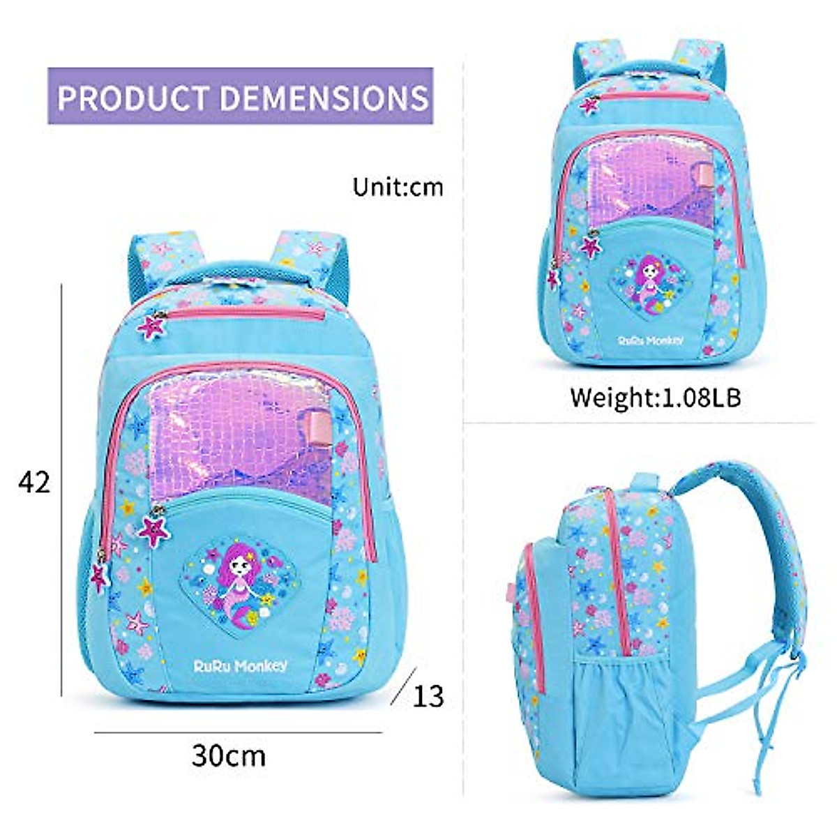RuRu monkey Kids Backpack for Girls - Perfect for Kindergarten, Preschool & Lower Elementary Students (Ages 4-10) - Mermaid Kids Bookbag - Medium (16.5" Tall)