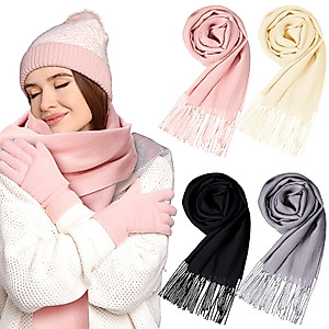 Suhine 4 Pcs Soft Shawl Womens Scarf Winter Silky Wrap Soft Winter Neck Scarf Warm Travel with Tassel Edge for Men(Black, Milky White, Pink, Light Gray)