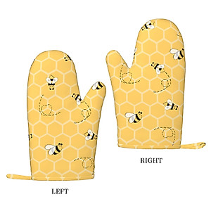 1 Pair Durable Funny Honey Bees Kitchen Silicone Oven Mitts, Yellow Beehive Heat Resistant Lining Fabric Pot Holder Gloves for BBQ Cooking Baking