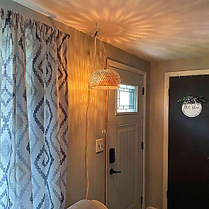 Bamboo Lantern Plug in Wall Sconce Or Hemp Rope Pendant Lamp with LED RGB Bulb, Rattan Wall Lamps, Wood Shelf Brackets, Boho Wicker Hanging Light with 9.8 FT Plug in Cord for Living Room, Bedroom