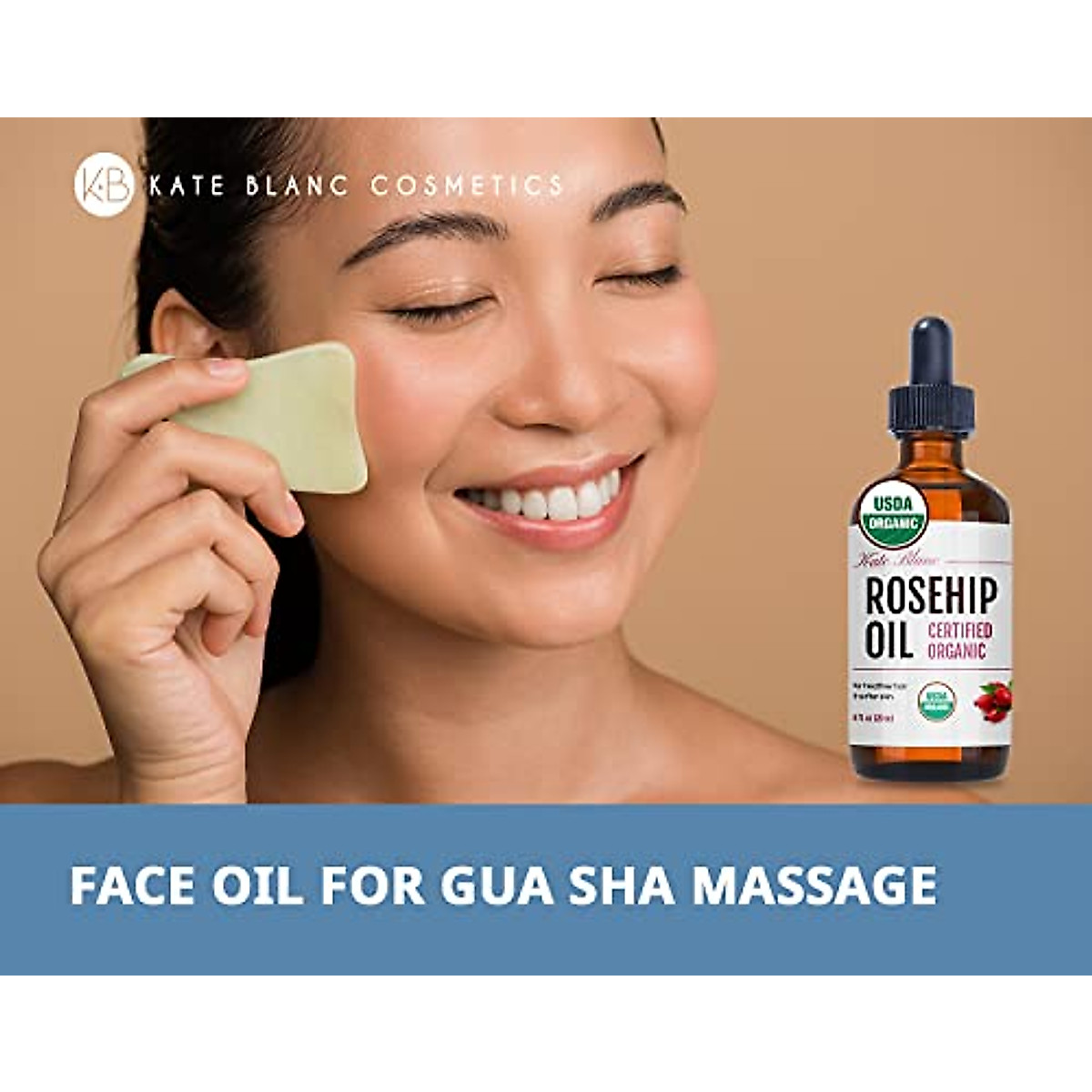 Kate Blanc Cosmetics Rosehip Oil for Face & Skin (4oz, Organic, Pure, Cold Pressed) Rosehip Seed Face Oil for Facial & Gua Sha Massage