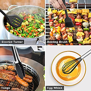 Silicone Cooking Utensils Set, 28PCS Kitchen Utensils Set with Holder, AIKWI Heat-Resistant & Non-stick Silicone Spatula, Tongs,Spoon for Cooking, BPA Free Kitchen Tools Gift (Black)