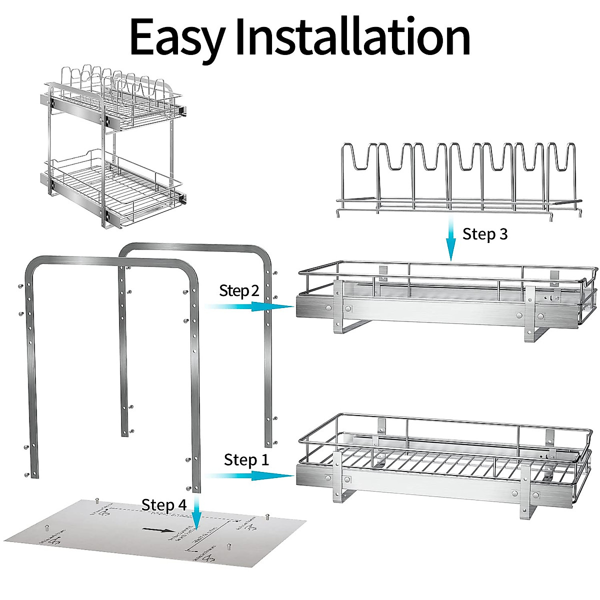 BOIVSHI Pull Out Cabinet Organizer, 2 Tier Cabinet Pull Out Shelves (12" W X 19" D) Slide Out Cabinet Organizer for Kitchen, Bathroom, Pantry, Chrome
