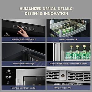 Vesgolden Undercounter Beverage Refrigerator Built-In/Freestanding 24-Inch 2-in-1 (Two) Residential Glass Door Refrigerator, Kitchen Inverter Compressor Chiller, Holds Beer, Soda, Coke