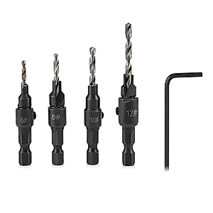 HSS Countersink Drill Bit, #6#8#10#12 1/4inch Hex Shank Drill Bits HSS Countersink Drill Bit Set with Small Wrench Countersink Woodworking Tool