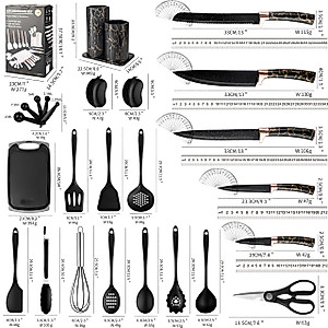 Cooking Utensils Set, 25 PCS Black Sharp Knife Set for Kitchen,Stainless Steel Knives Set,includes 17-Piece Silicone kitchen utensils set,5 Sharp Stainless Steel Chef Knives,Scissors,and Cutting Board